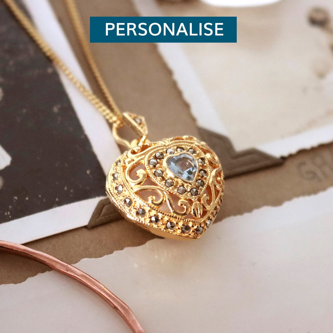 Blue Topaz Heart Locket Necklace: 18K Gold Vermeil, Personalised Photo ...