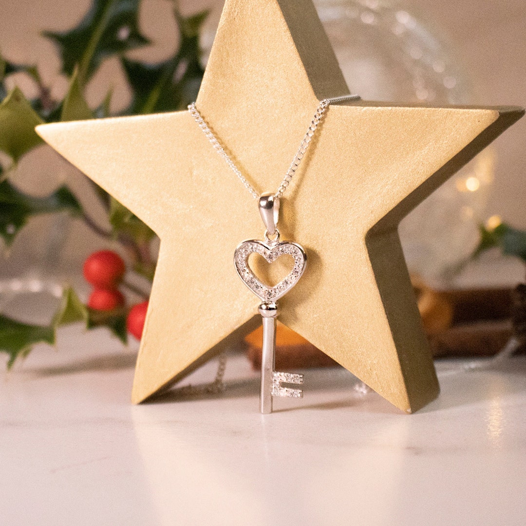 Sterling Silver Love Key Pendant Necklace: Diamante Heart - Etsy UK