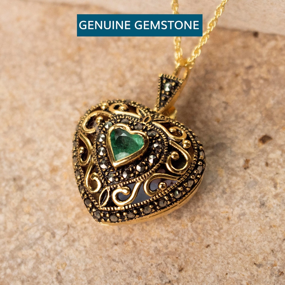 Genuine Emerald Locket Necklace, Real Emerald Heart Necklace, Vintage ...