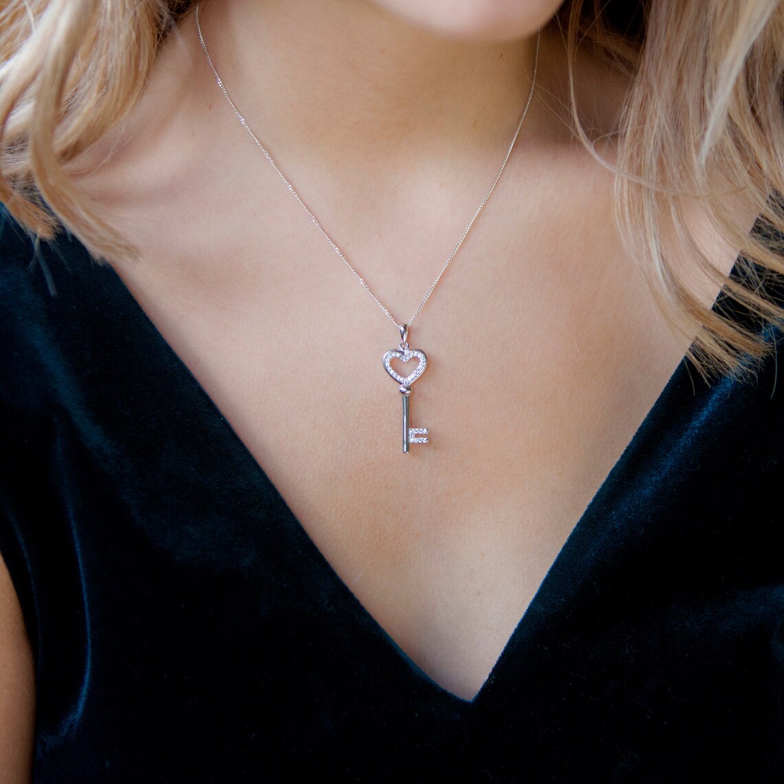 Sterling Silver Love Key Pendant Necklace: Diamante Heart - Etsy UK