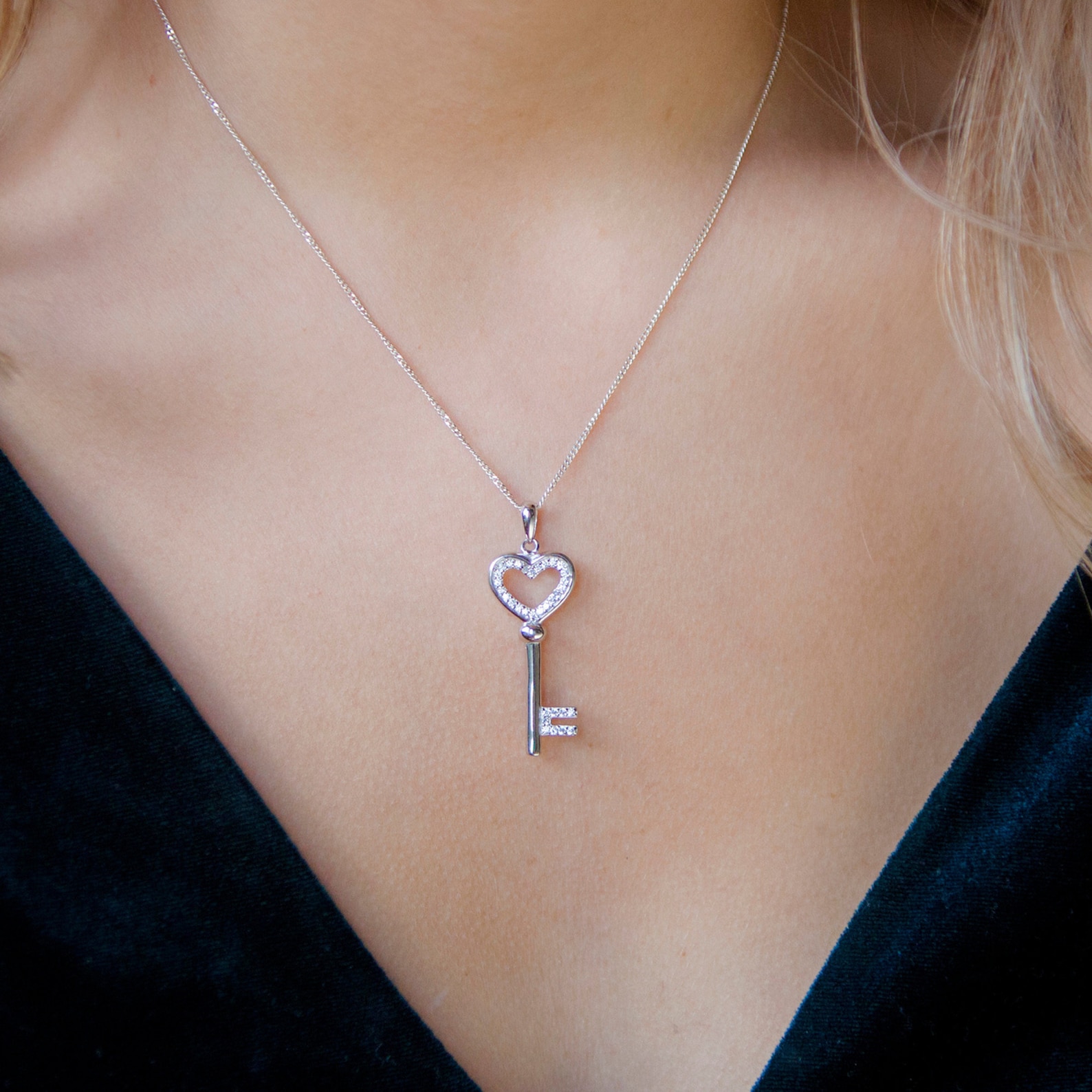 Sterling Silver Love Key Pendant Necklace: Diamante Heart - Etsy UK