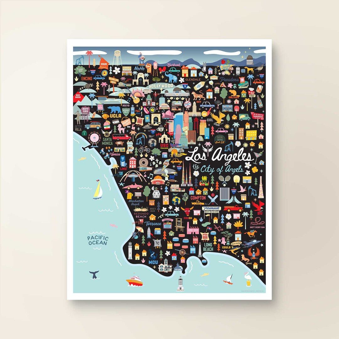 LOS ANGELES CA Map Art Wall Decor | City Map Los Angeles California ...