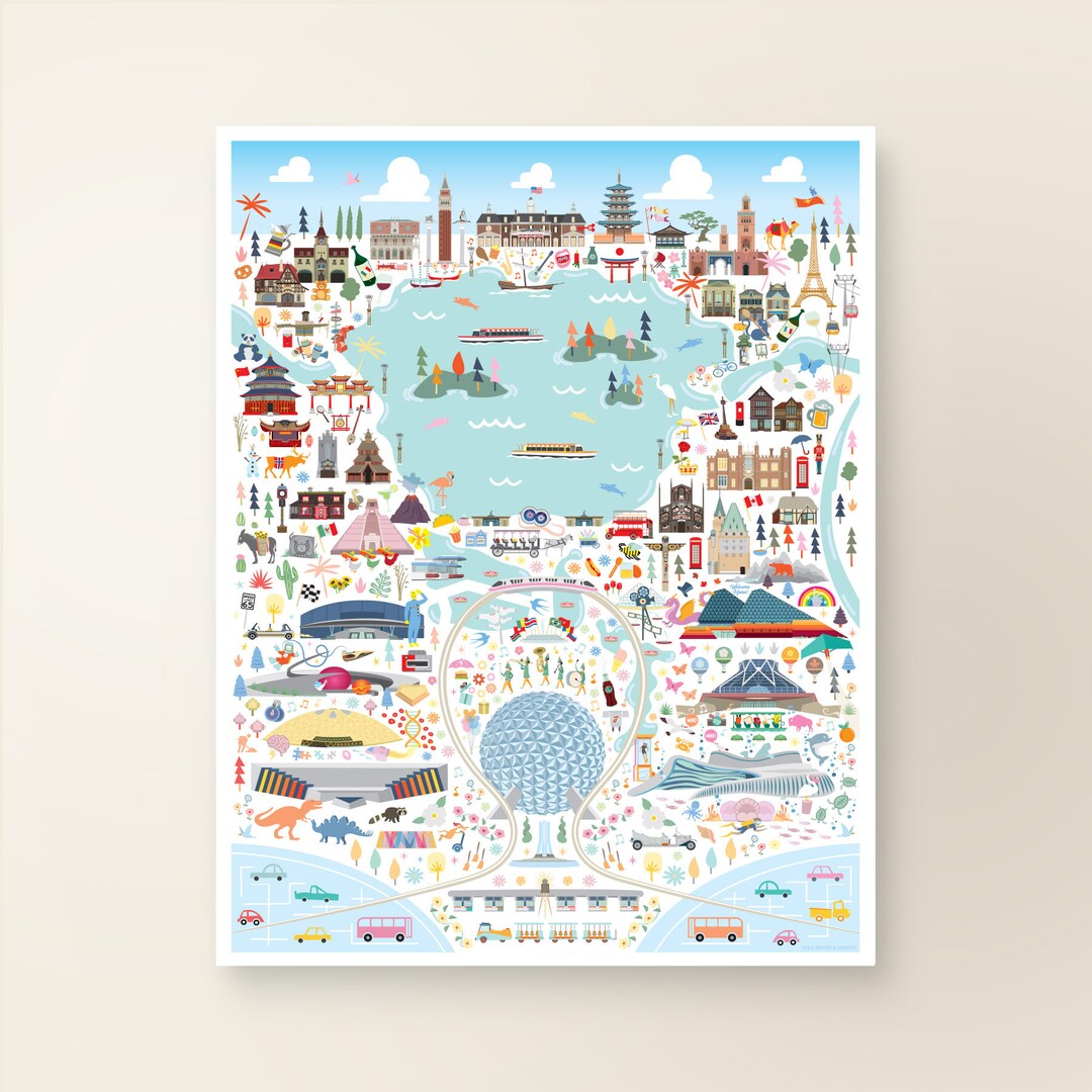 EPCOT Map Poster | Whimsical Home Decor | Epcot Park Map Picture | Wall ...