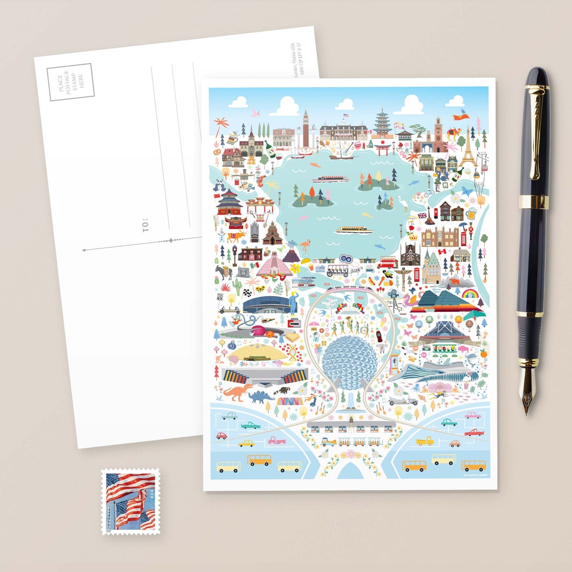 EPCOT 5x7 Postcard Walt Disney World Epcot Whimsical Map - Etsy