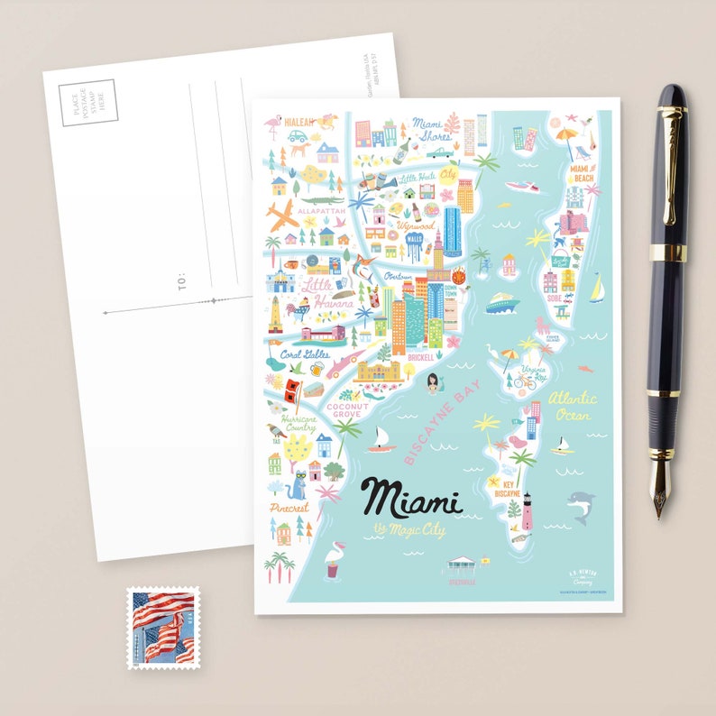 MIAMI FL 5x7 Postcard City Map Art Miami Florida City | Etsy