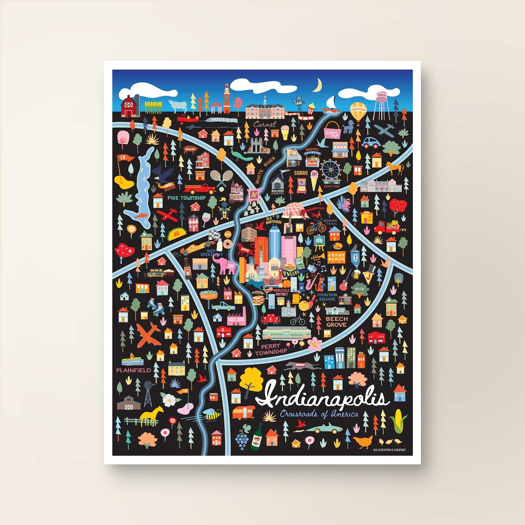 INDIANAPOLIS IN Map Art Wall Decor | City Map Indianapolis Indiana ...