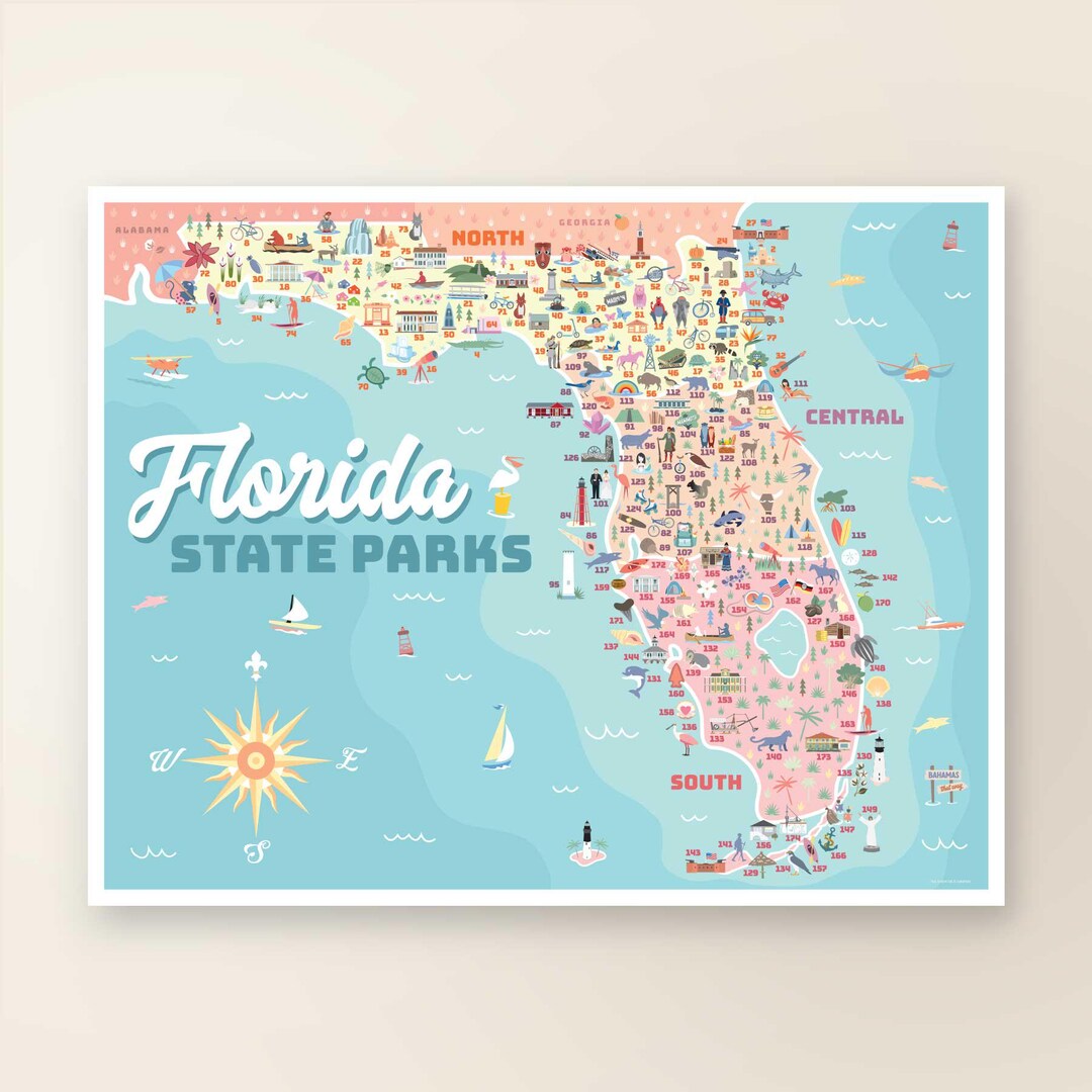 Florida State Park Map Art Poster | Checklist and Sticker | 175 Florida ...