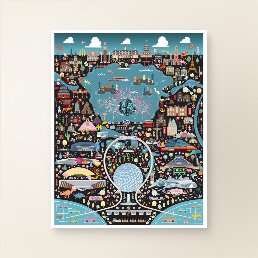 EPCOT Map Poster | Whimsical Home Decor | Epcot Park Map Picture | Wall ...