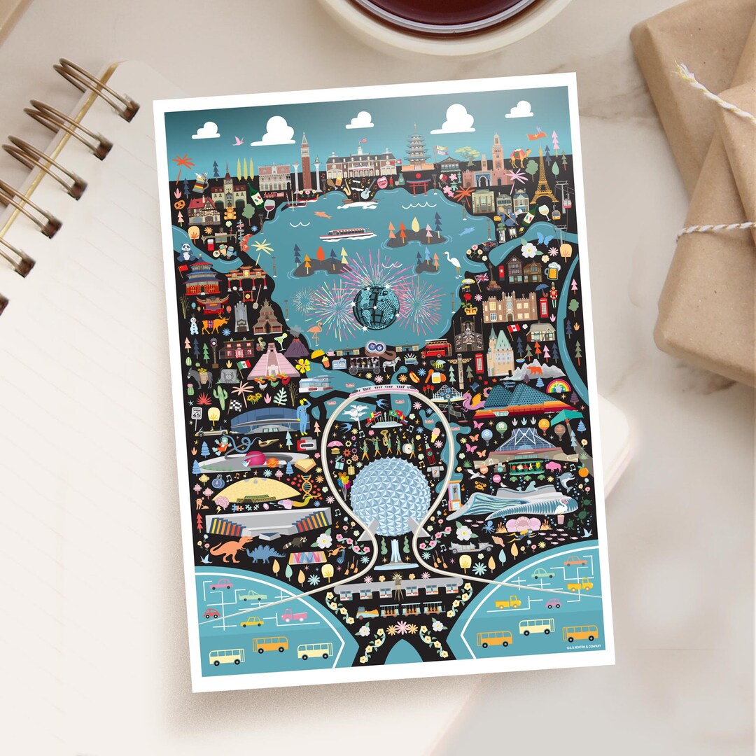 EPCOT 5x7 Postcard | Walt Disney World Epcot Whimsical Map | Theme Park ...