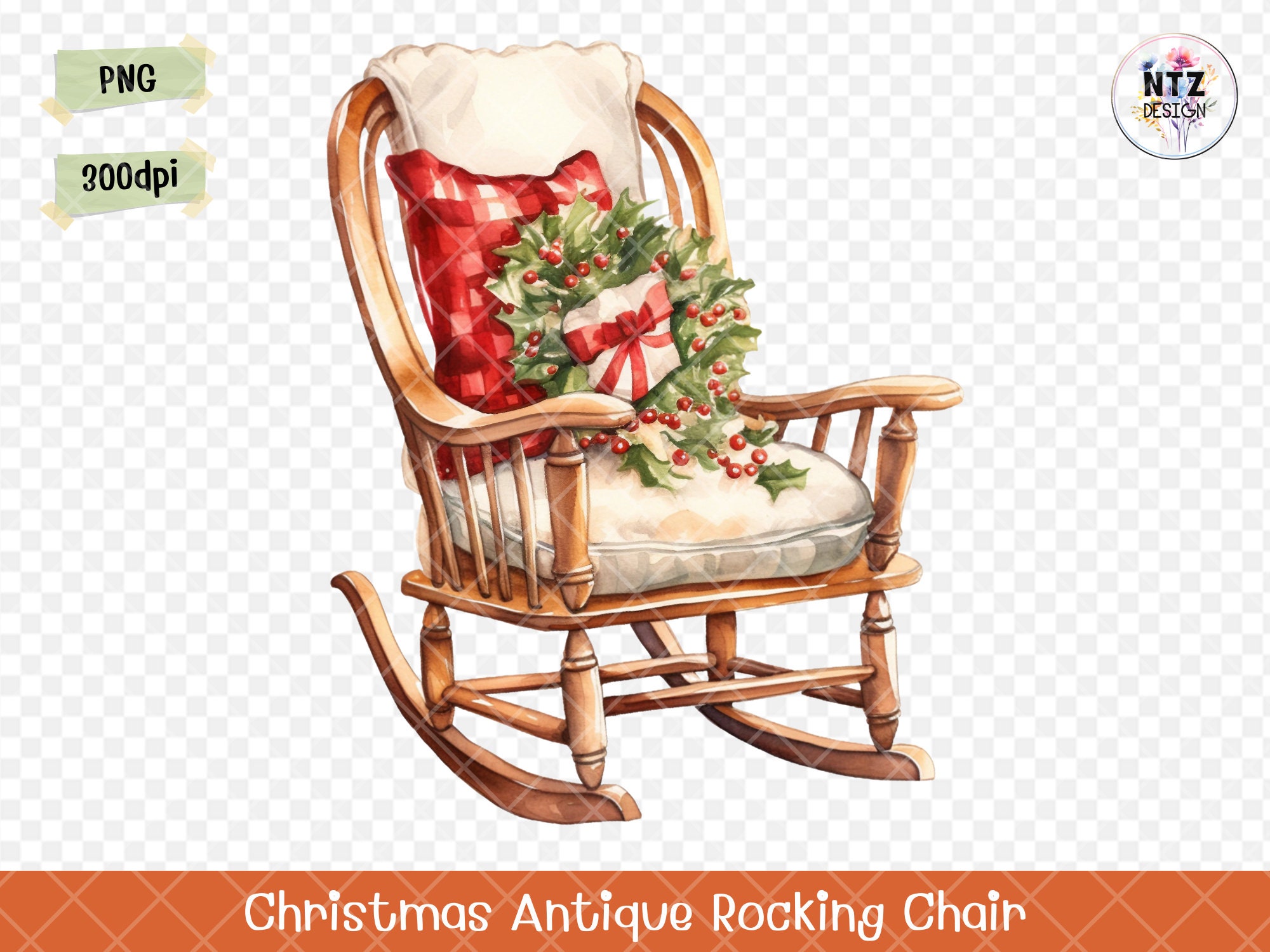 Antique Rocking Chair, Christmas Watercolor Clipart, Holiday Season ...