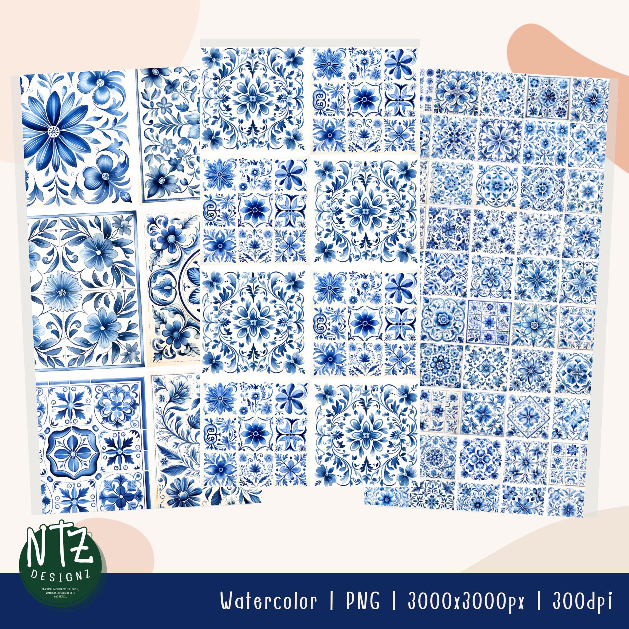 100 Blue and White Italian Watercolor Tile, Mediterranean Clipart ...