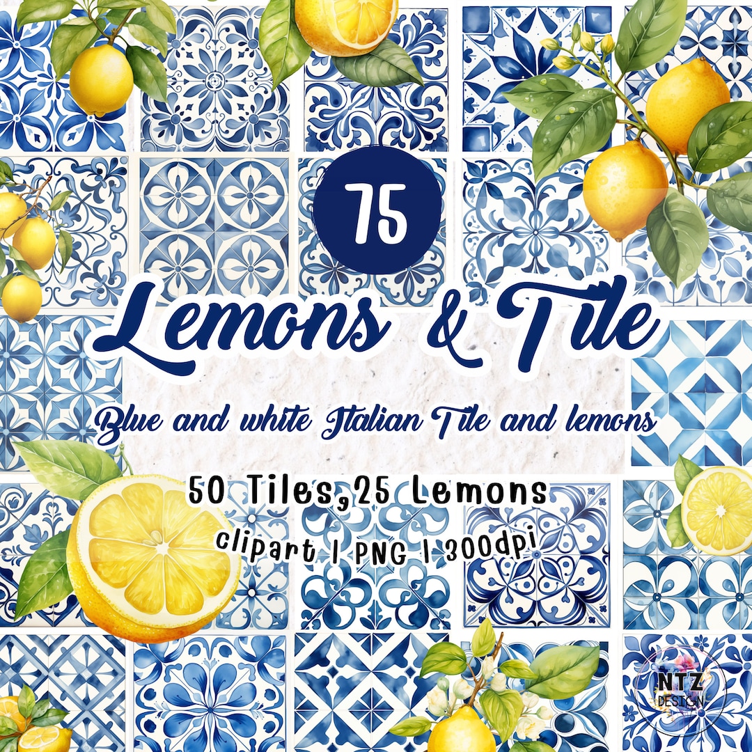 Blue and White Italian Watercolor Tile and Lemons, Mediterranean ...