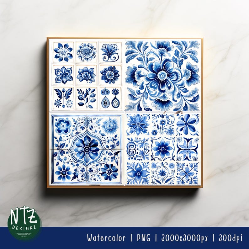 100 Blue and White Italian Watercolor Tile, Mediterranean Clipart ...