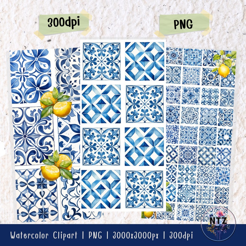 Blue and White Italian Watercolor Tile and Lemons, Mediterranean ...