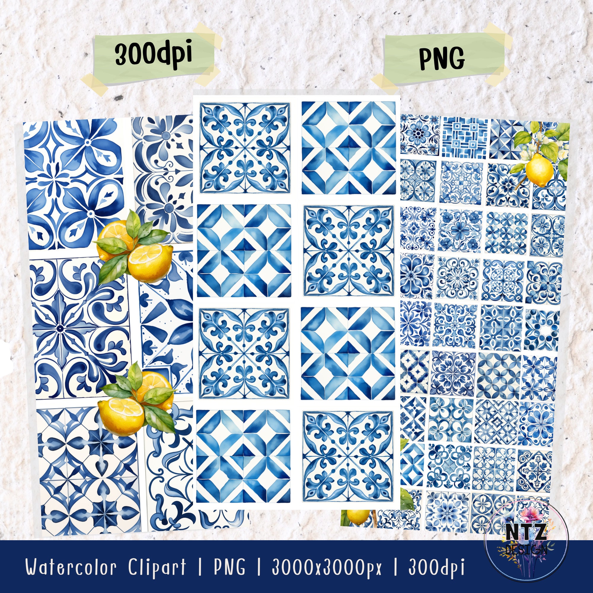 Blue and White Italian Watercolor Tile and Lemons, Mediterranean ...