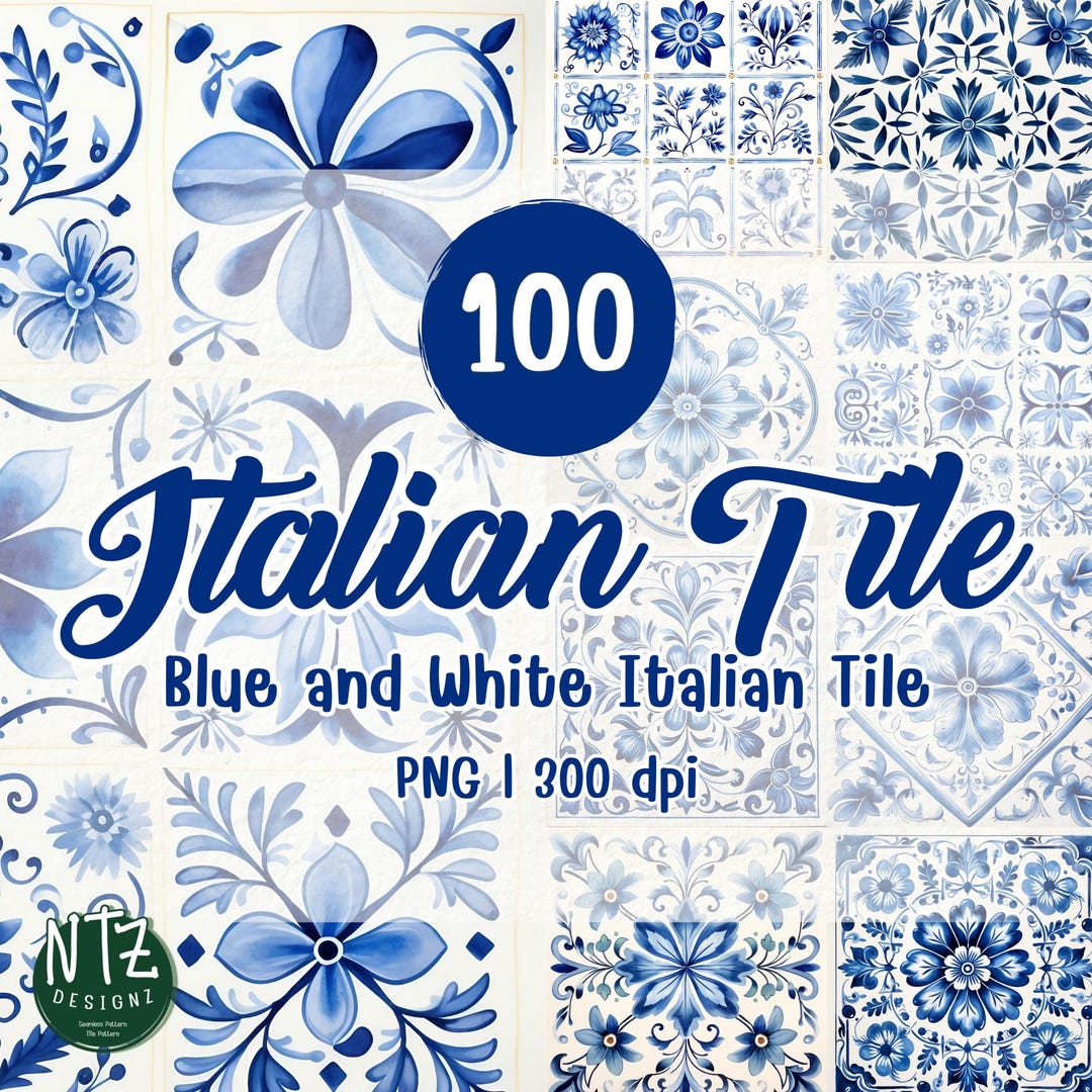 100 Blue and White Italian Watercolor Tile, Mediterranean Clipart ...