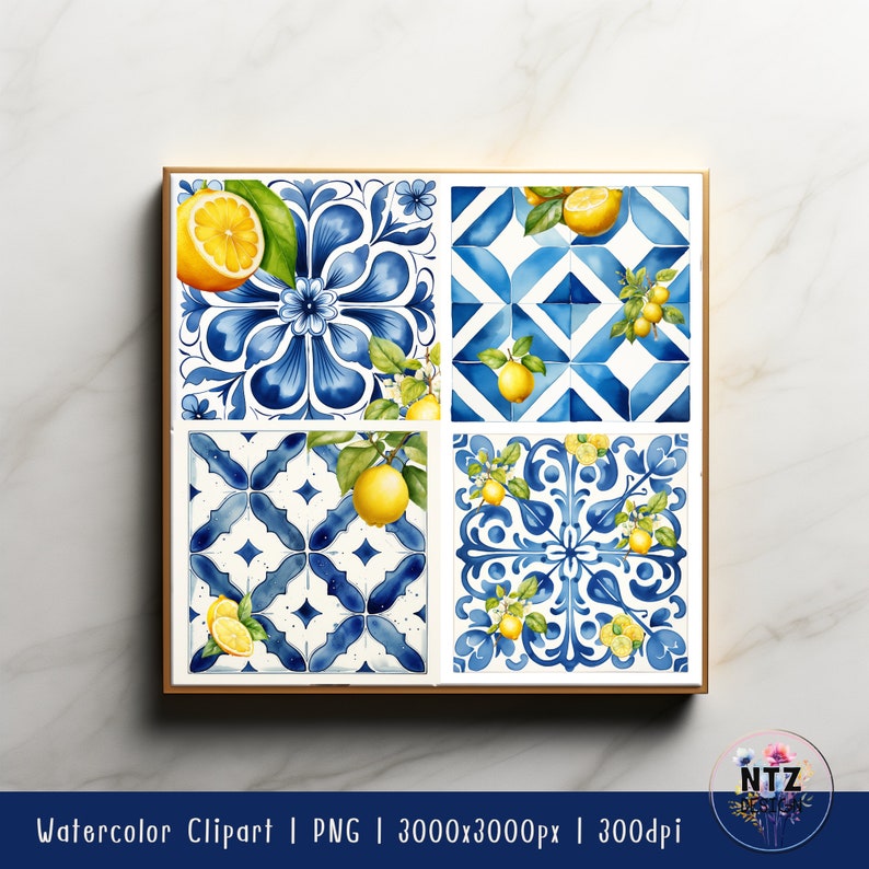 Blue and White Italian Watercolor Tile and Lemons, Mediterranean ...