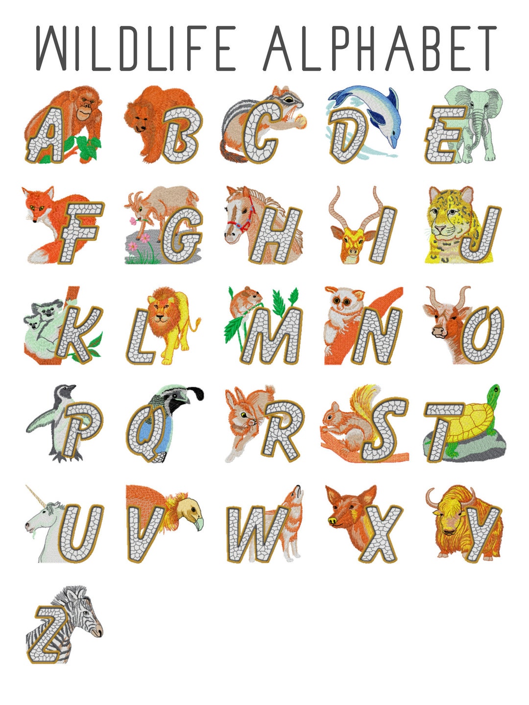 26 Wildlife Alphabet Machine Embroidery Designs, Alphabet Embroidery ...