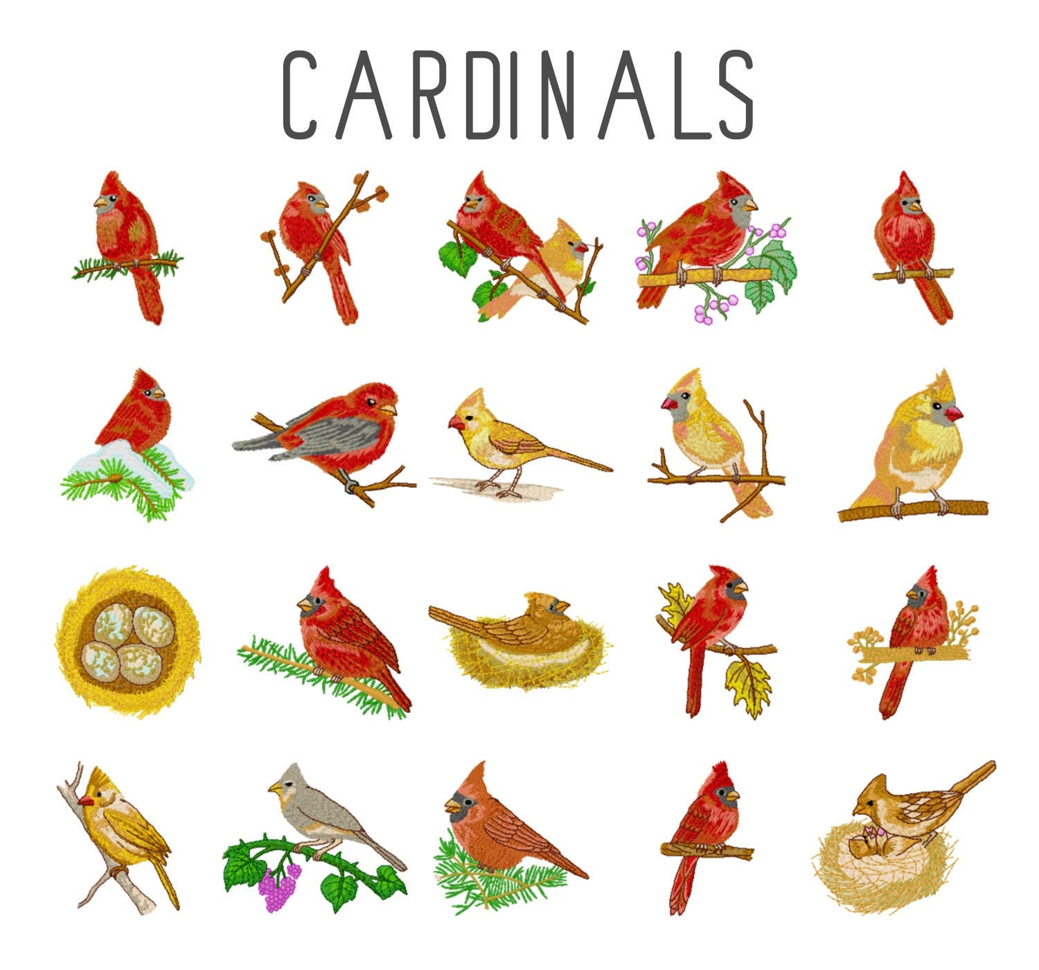 20 Cardinal Birds Machine Embroidery Designs Bird Embroidery - Etsy