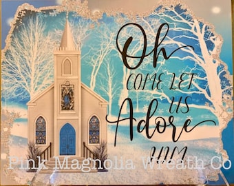 Vintage Snowy Church Metal Sign, 10x10 Christmas Wall Art, Rustic ...