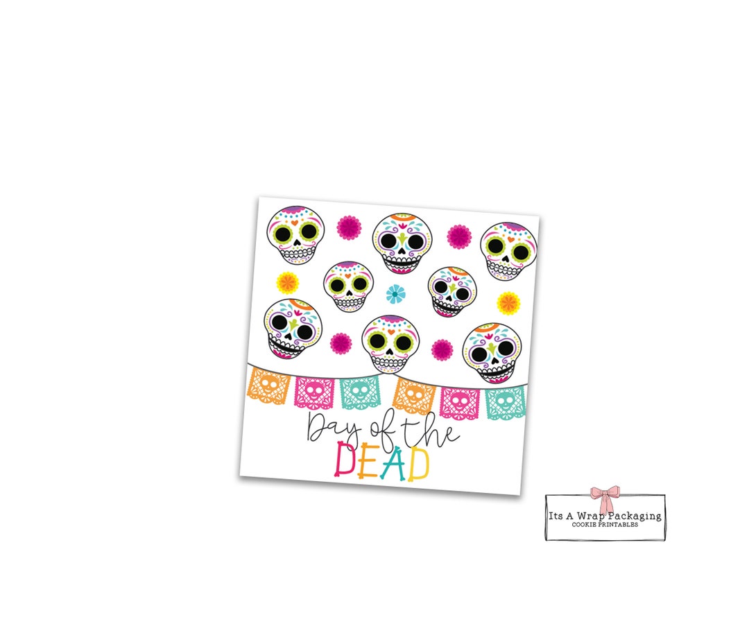 Day of the Dead Tag-2" Printable Square Tag, Halloween Cookie Tag, Dia ...
