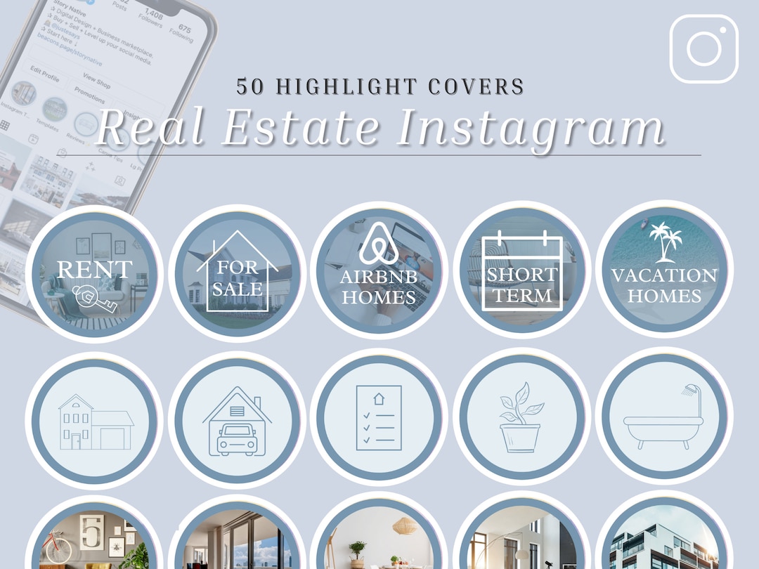 50 Real Estate Instagram Highlight Covers: Blue Realtor Icons (digital ...