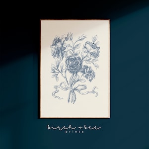 Blue Floral Print | French Country Wall Art | Vintage Flower Sketch ...