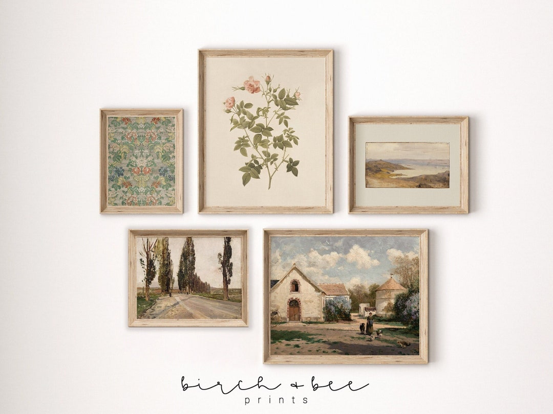 French Country Gallery Wall Art | Set of 5 | Vintage Floral and Textile ...