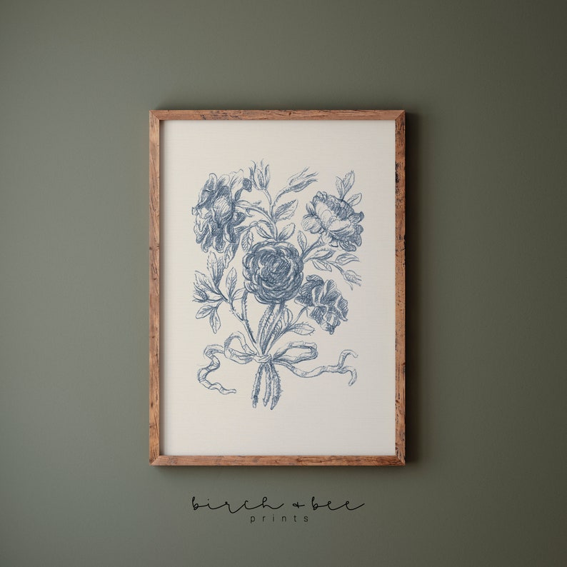 Blue Floral Print | French Country Wall Art | Vintage Flower Sketch ...