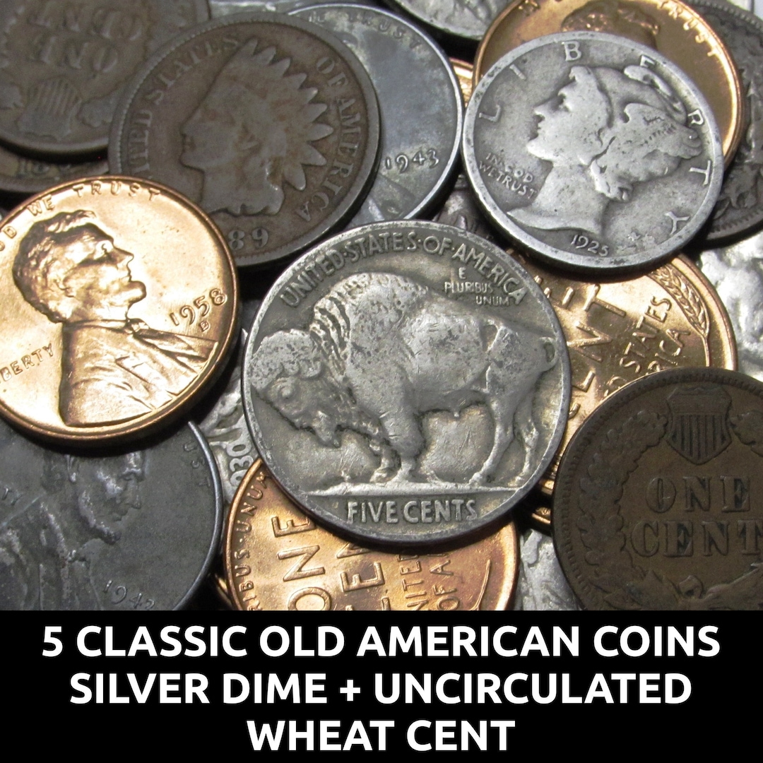 5 Classic Old American Coins - Silver Dime, Uncirculated Wheat Cent ...