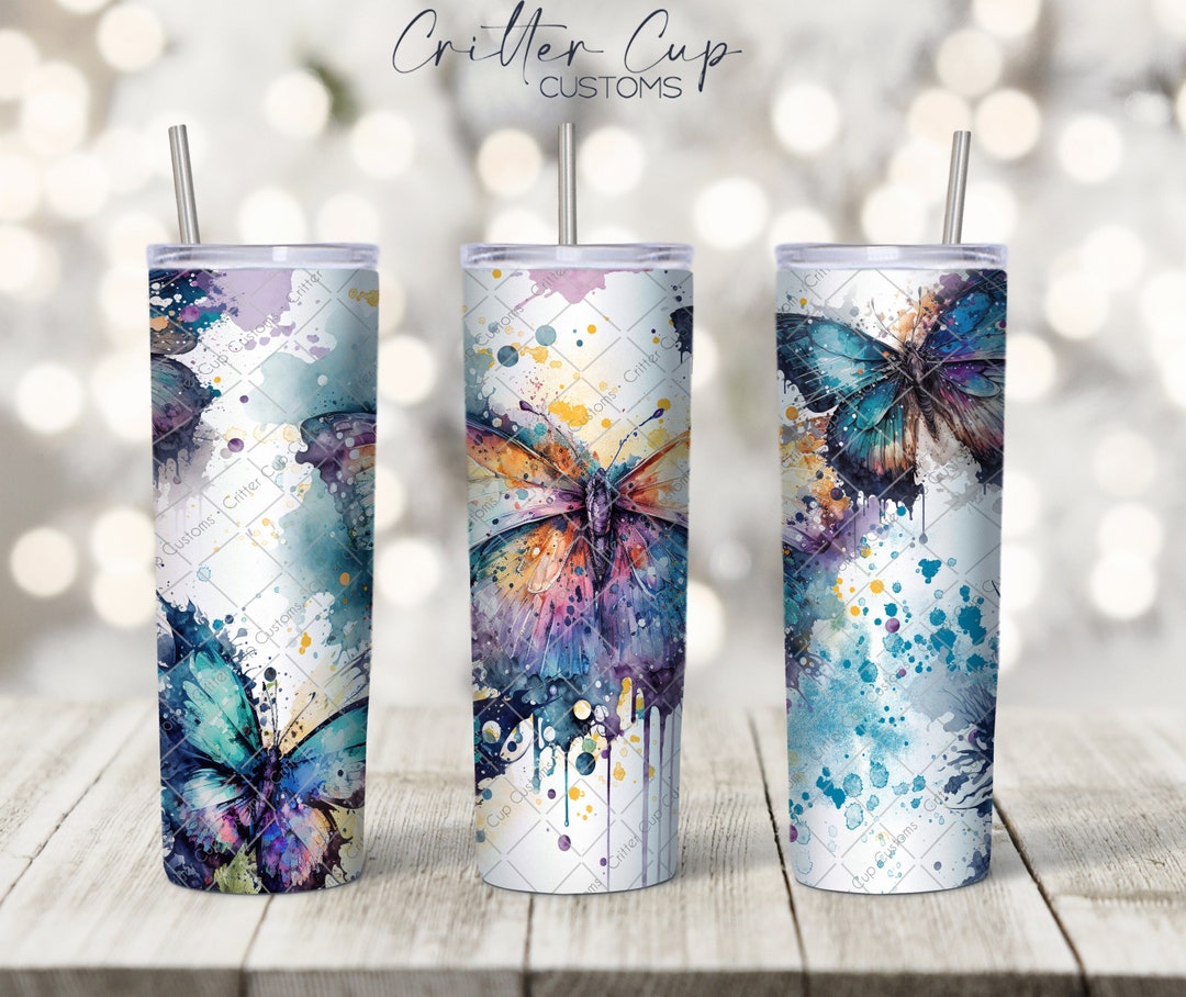 Watercolor Butterfly Ink Splatter Tumbler Wrap PNG Skinny 20oz Design ...