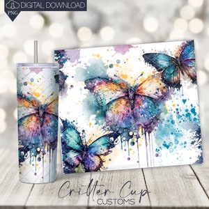 Watercolor Butterfly Ink Splatter Tumbler Wrap PNG Skinny 20oz Design ...