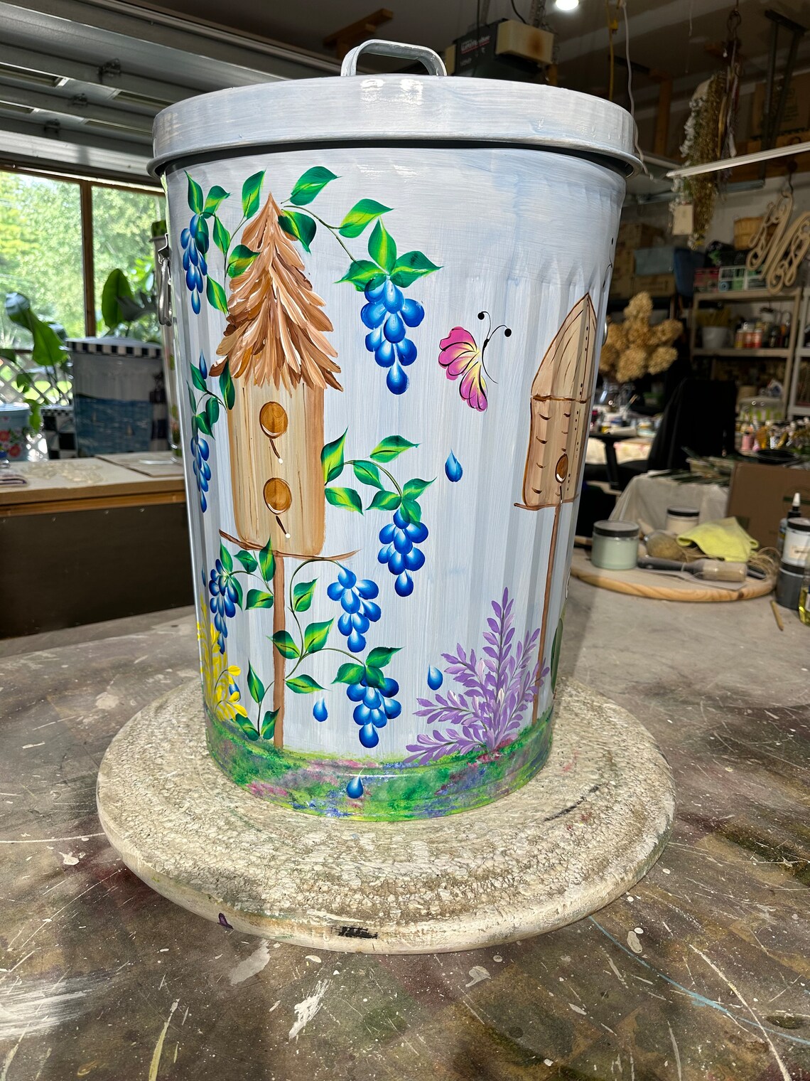 Hand Painted Trash/garbage Can - 20 Gallon Garden and Birdhouses ...