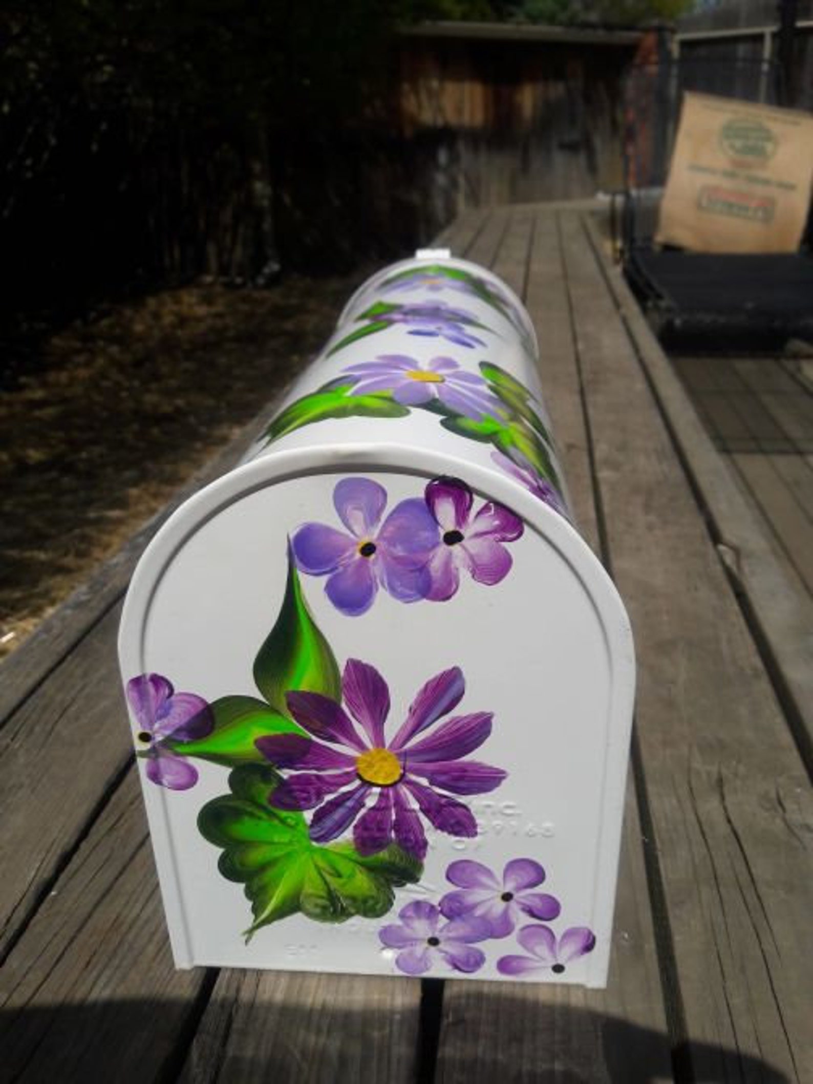 Hand Painted Mailbox - Bright White W/purple Floral, Hummingbirds ...