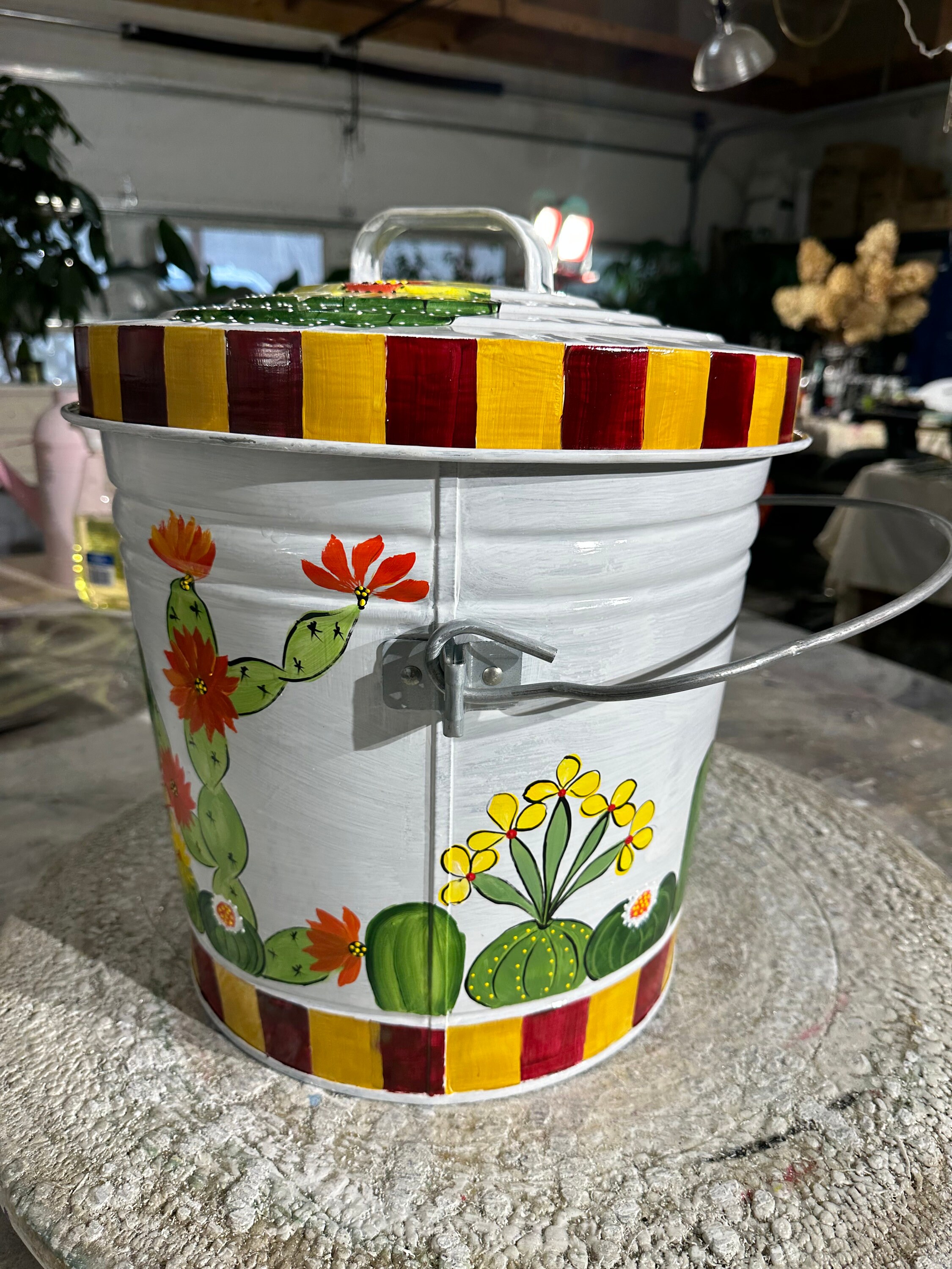 6 Gallon Hand Painted Can - Cactus, Orange/yellow Flowers - Etsy