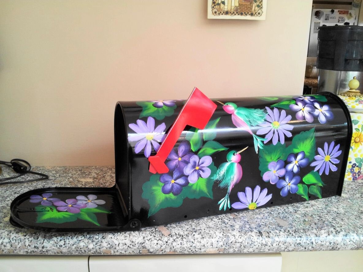 Hand Painted Mailbox - Black Mailbox, Purple Floral, Greenery ...
