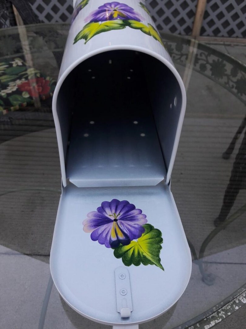 Hand Painted Mailbox - Bright White With Purple Pansies and Greenery - Etsy