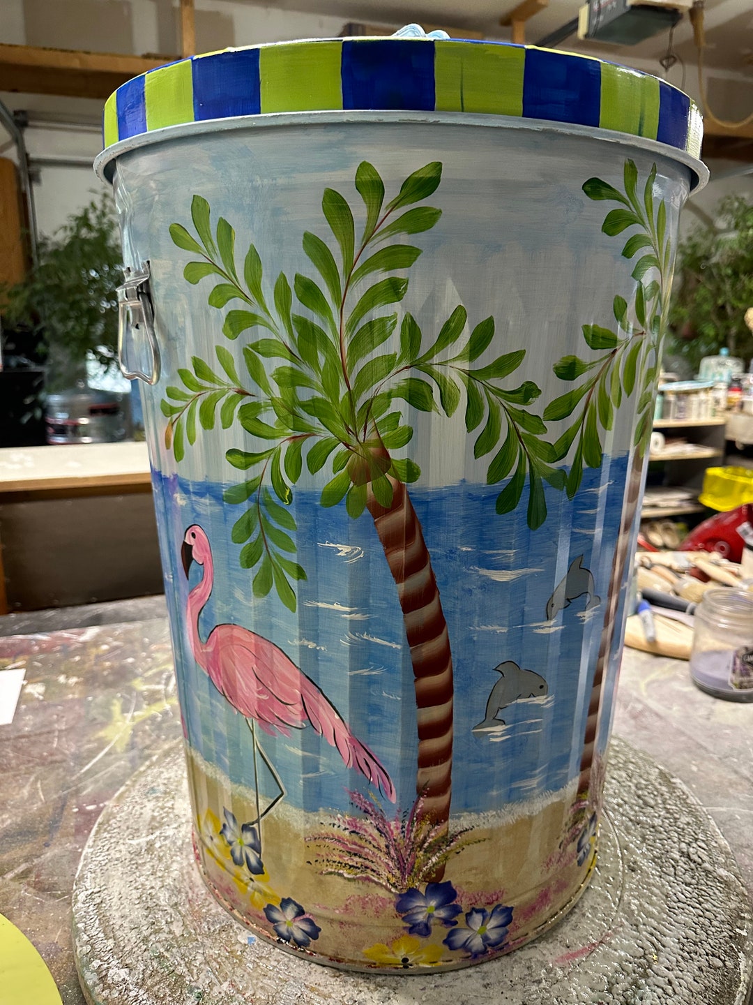 Hand Painted Trash/garbage Can - 20 Gallon Cobalt Wash, Palm Trees ...