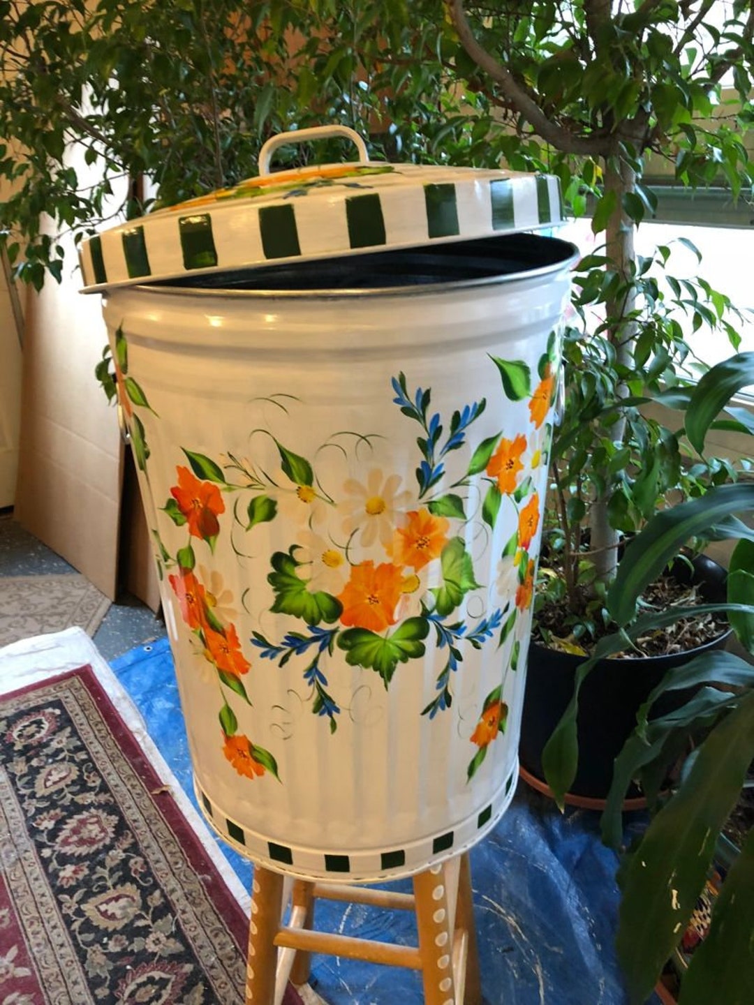 20 Gallon Floral Bouquet, Orange, Blue, Yellow, Greenery, Black Check ...