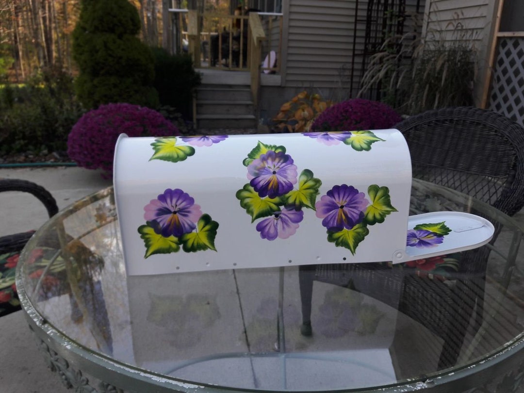 Hand Painted Mailbox - Bright White With Purple Pansies and Greenery - Etsy