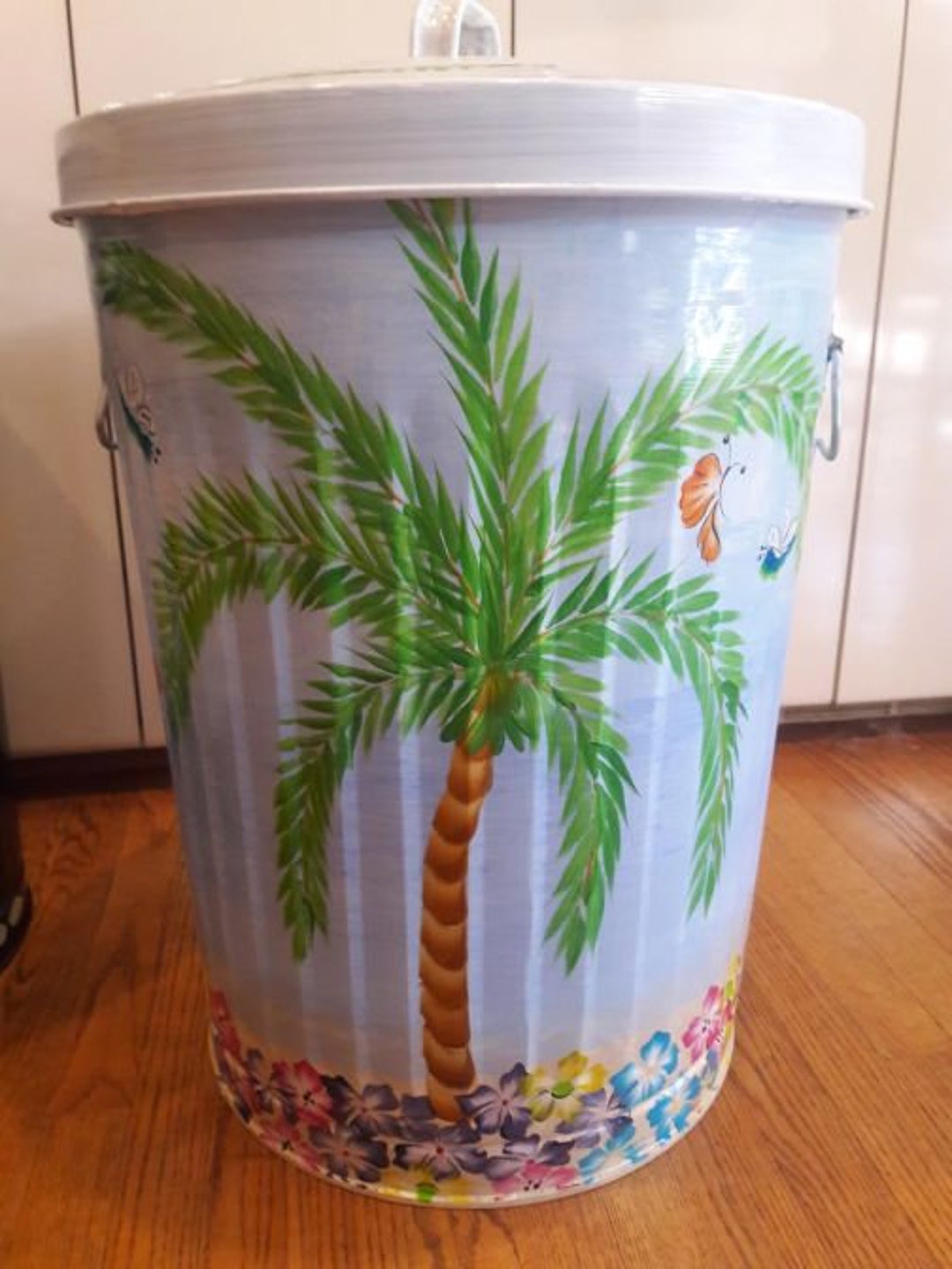 Hand Painted Trash/garbage Can - 20 Gallon Beach With Palm Trees ...