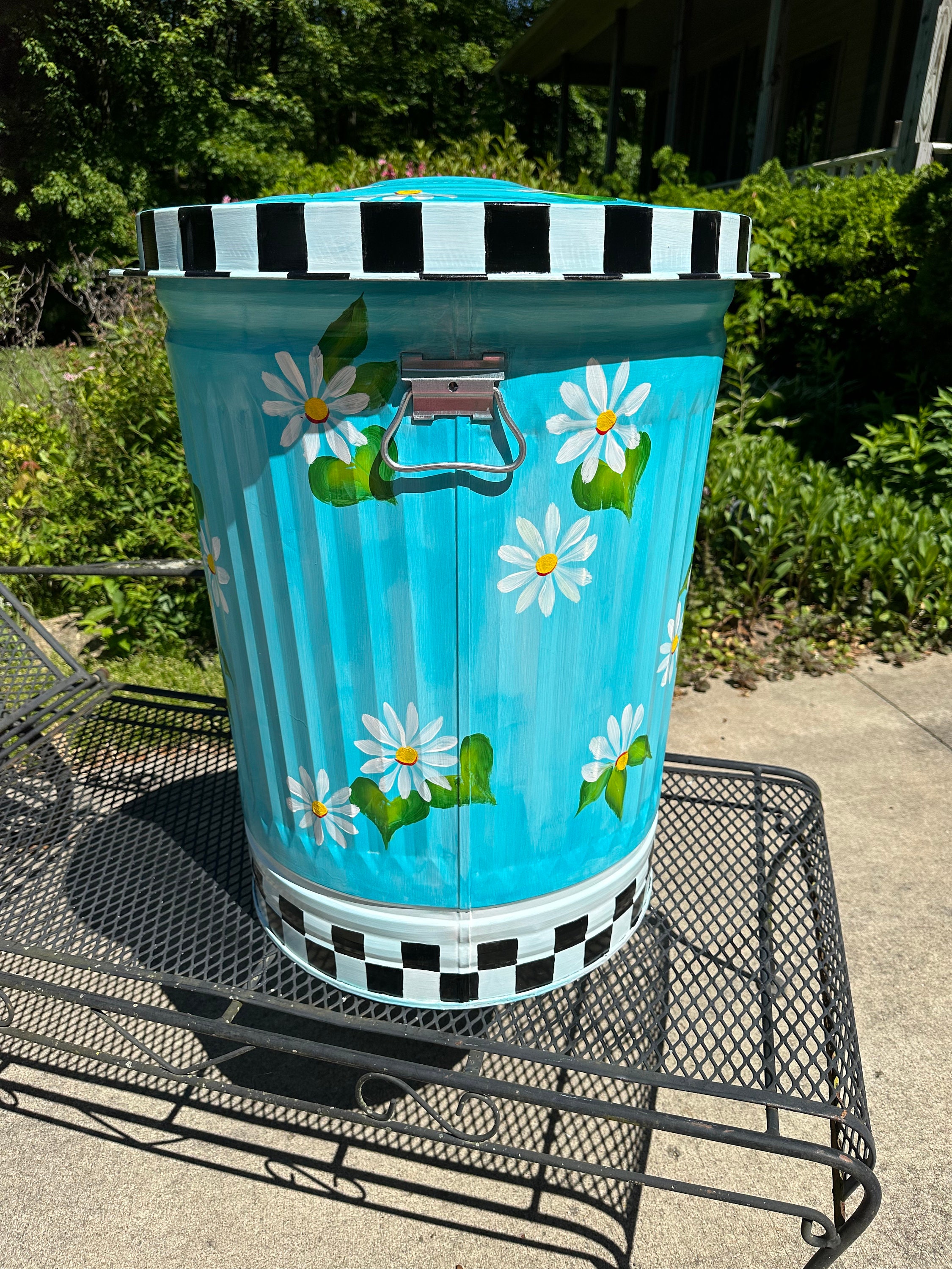 Hand Painted Trash/garbage Can - 30 Gallon Caribbean Blue, Black ...