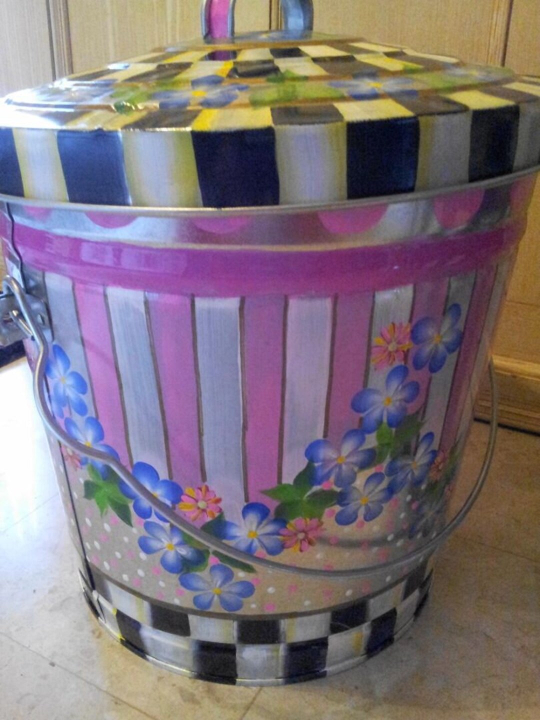 Hand Painted Trash/garbage Can - 10 Gallon Galvanized W/stripes, Floral ...