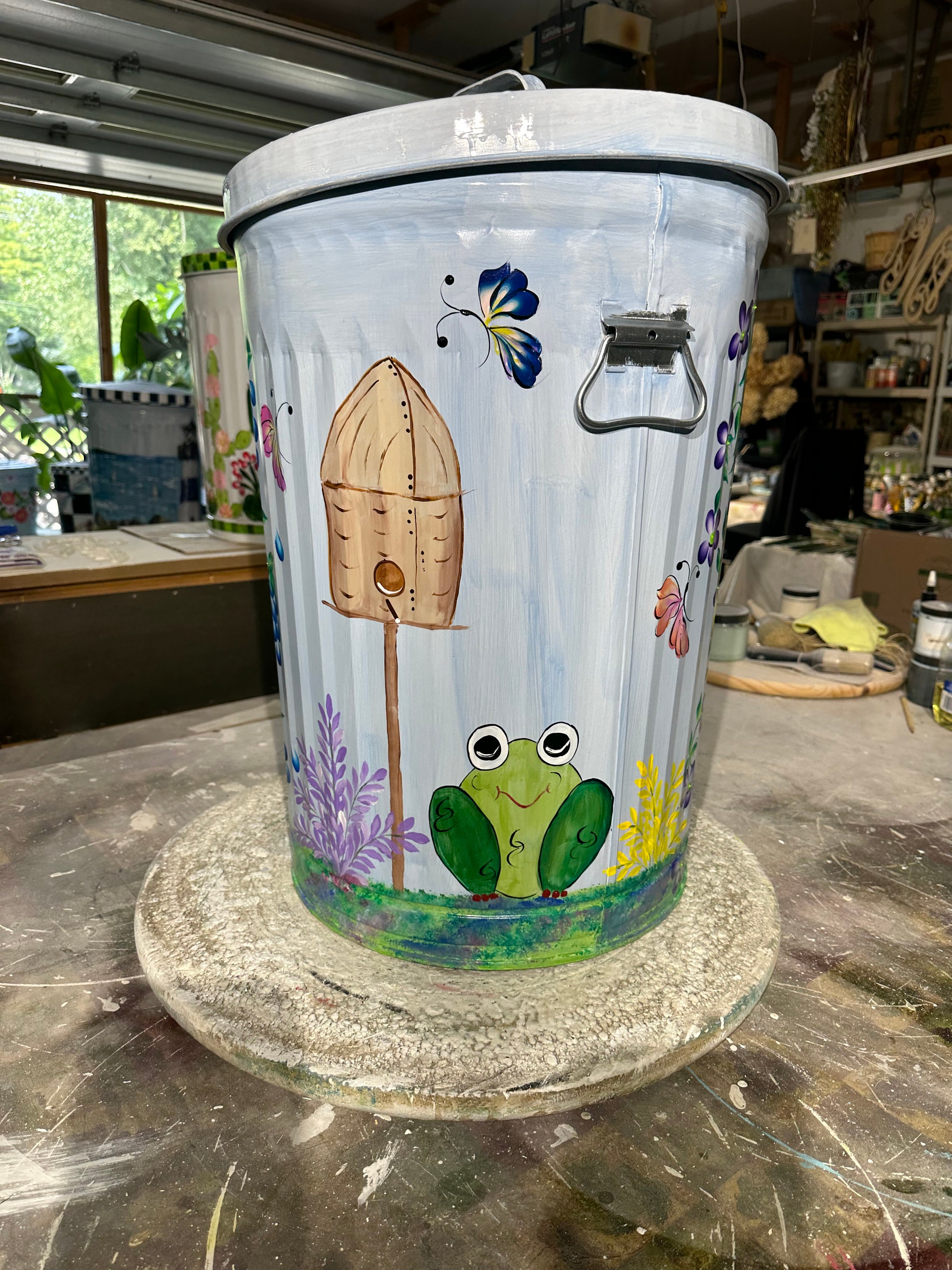 Hand Painted Trash/garbage Can - 20 Gallon Garden and Birdhouses ...