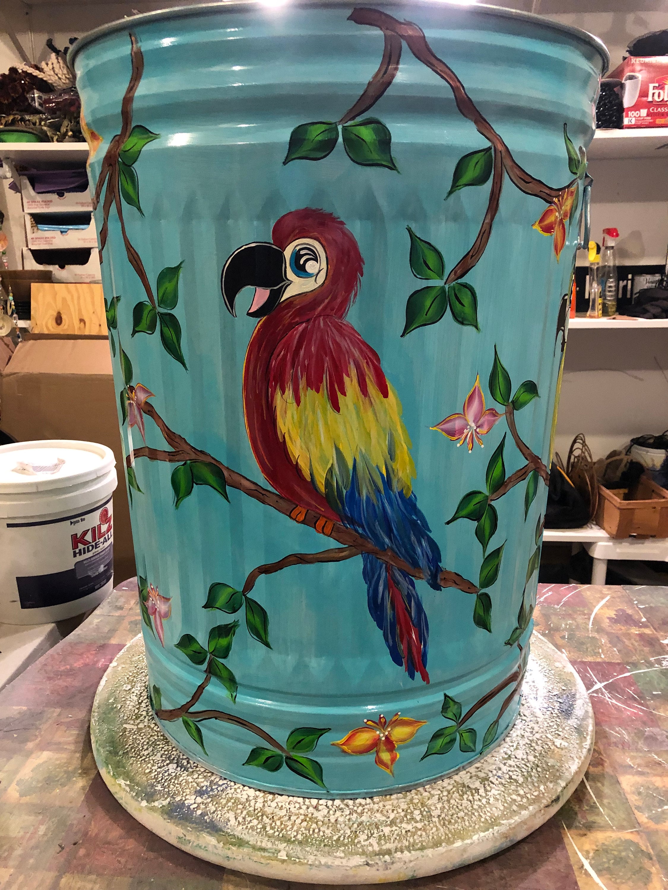 Hand Painted Trash/garbage Can Carribean Blue With Parrots - Etsy