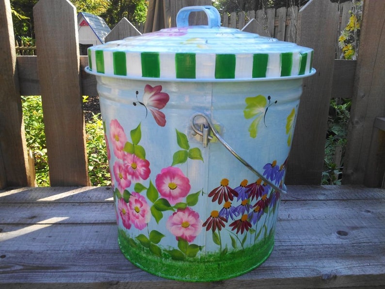 Hand Painted Trash/garbage Can - 6 Gallon Garden, Colorful Butterflies ...