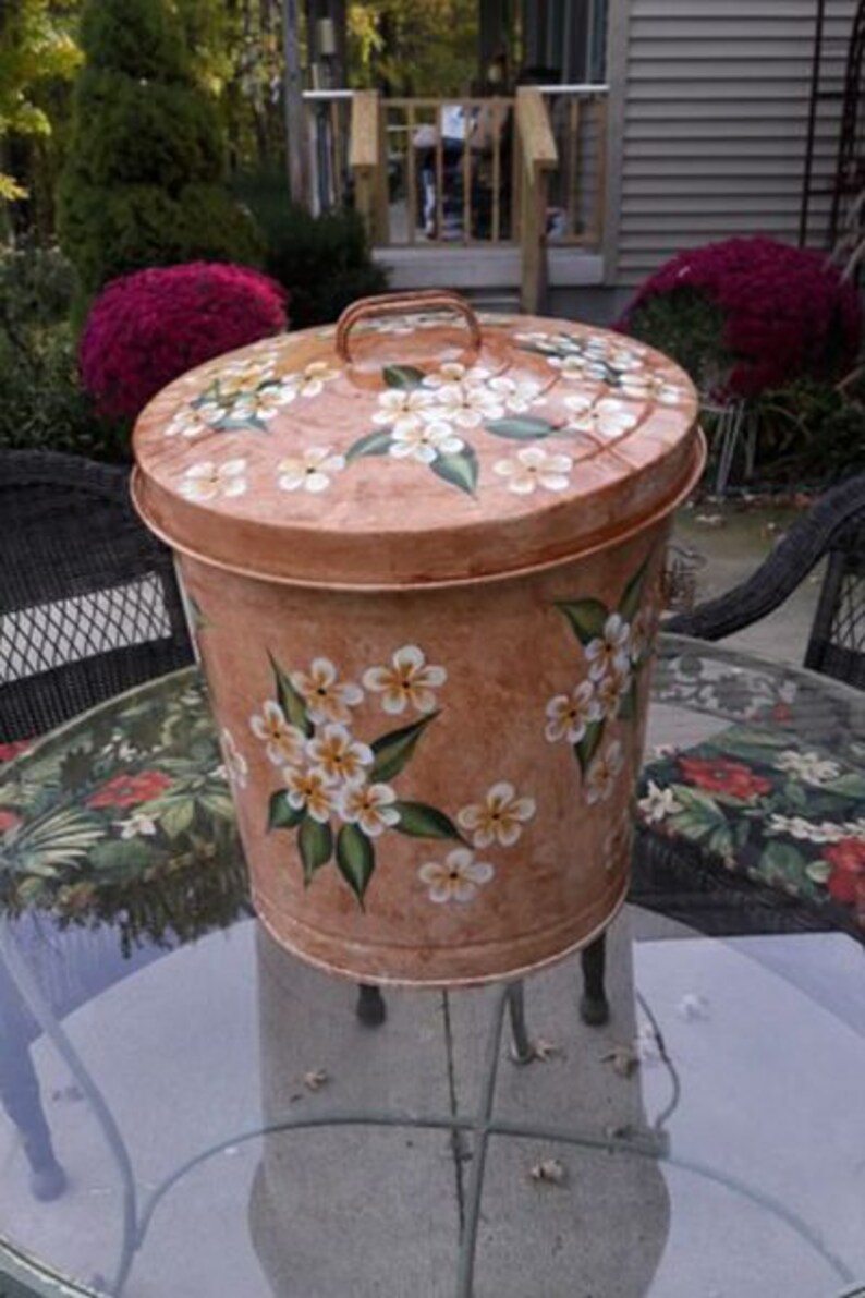 Hand Painted Trash/garbage Can - 10 Gallon Maple Wash, White Primrose ...
