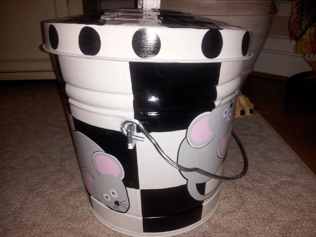 Hand Painted Trash/garbage Can 6 Gallon Large Black & White Check, Gray ...