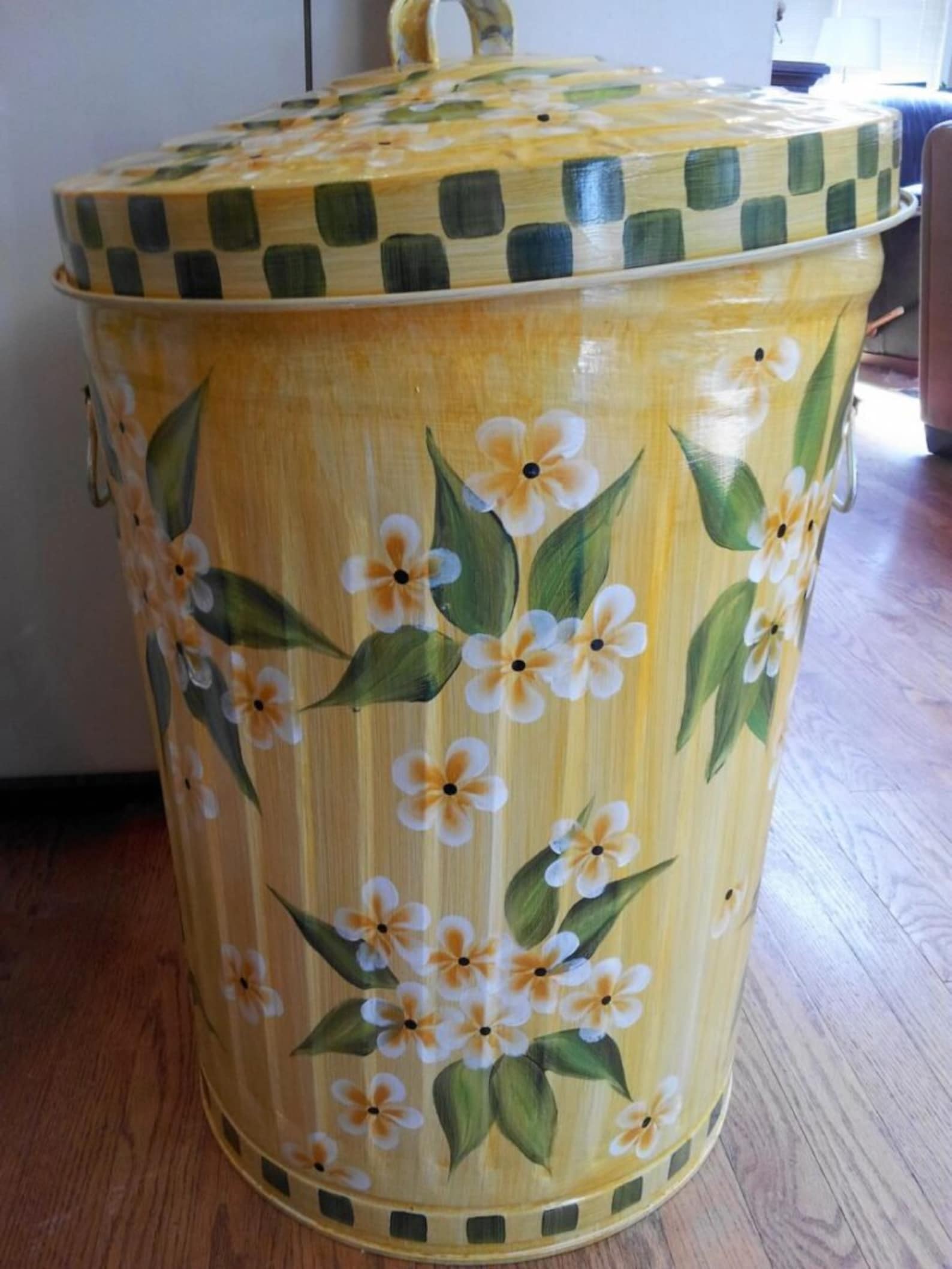 Hand Painted Trash/garbage Can - 20 Gallon Ochre Wash, White Primrose ...