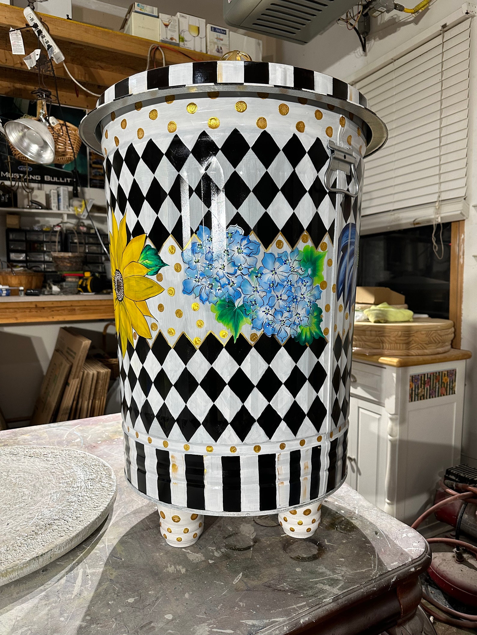Hand Painted Trash Can - 30 Gallon - Multi Pattern/floral - Barrel Legs ...